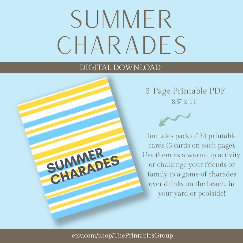 Summer Charades Printable Bundle, Printable Charades for Kids and ...