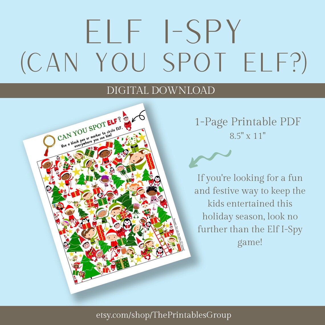 Elf I Spy Game Printable, Christmas Scavenger Hunt Games, Kids Holiday ...
