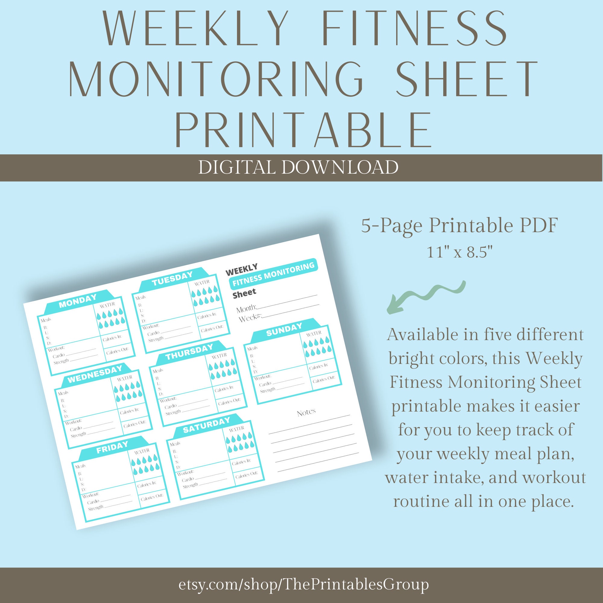 Weekly Fitness Monitoring Sheet Printable | Meal and Water Tracking ...