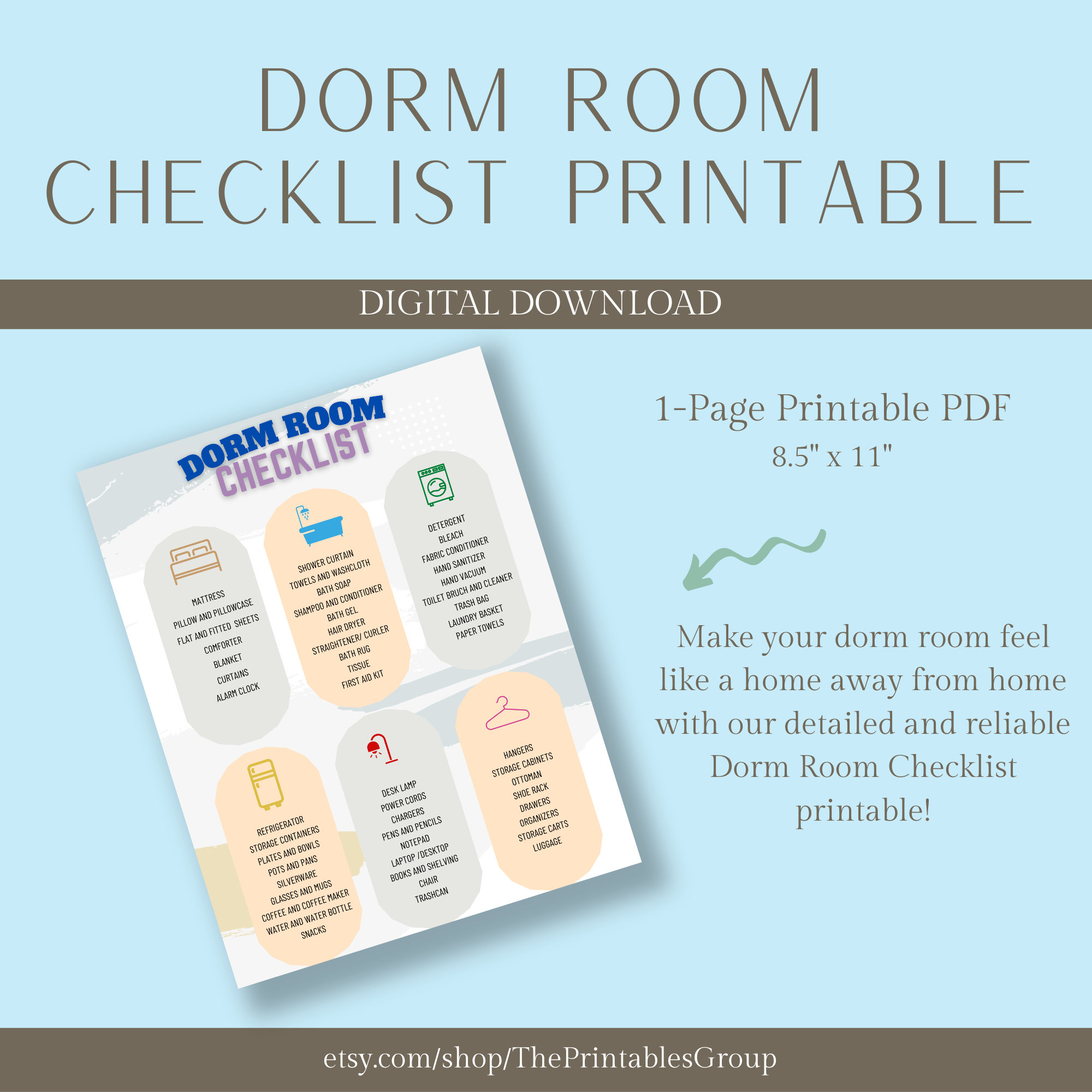 Dorm Room Checklist Printable | College Packing List | Student ...