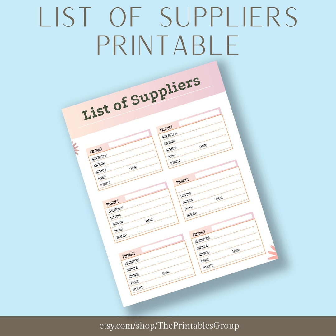 List of Suppliers Printable | Supplier Directory | Business Organizer ...