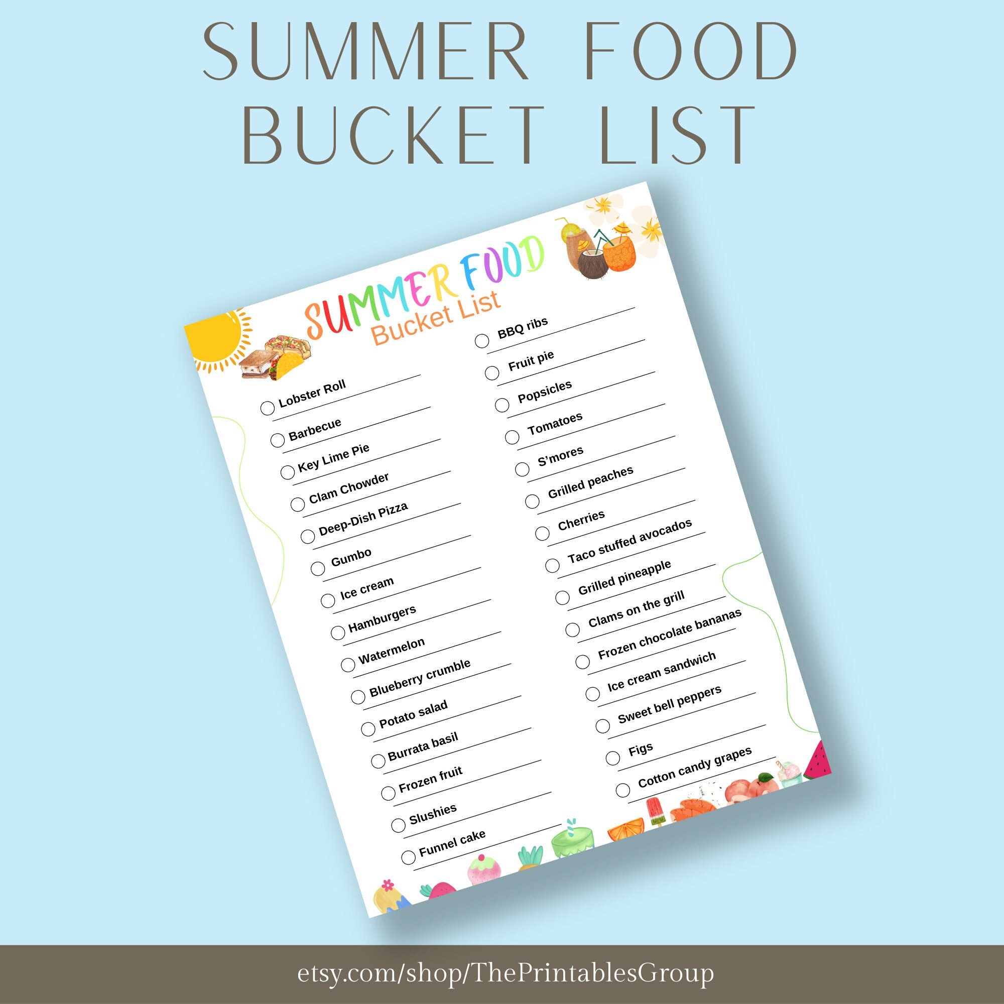 Summer Food Bucket List Printable | Summer Eats | Foodie Checklist ...