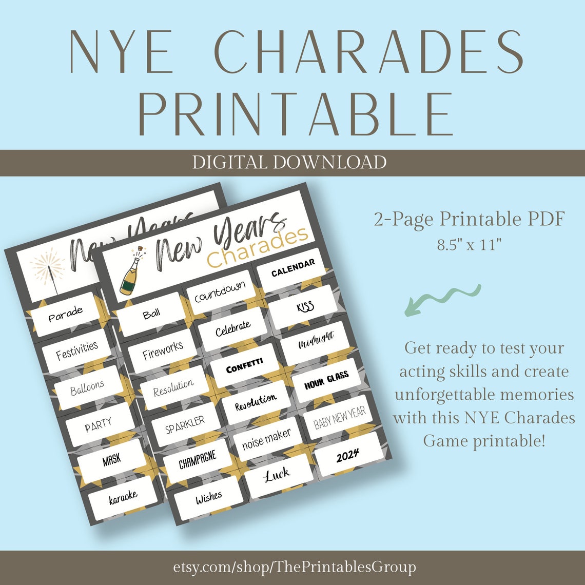 New Years Eve Charades Printable, NYE Charades Game, New Year Party ...