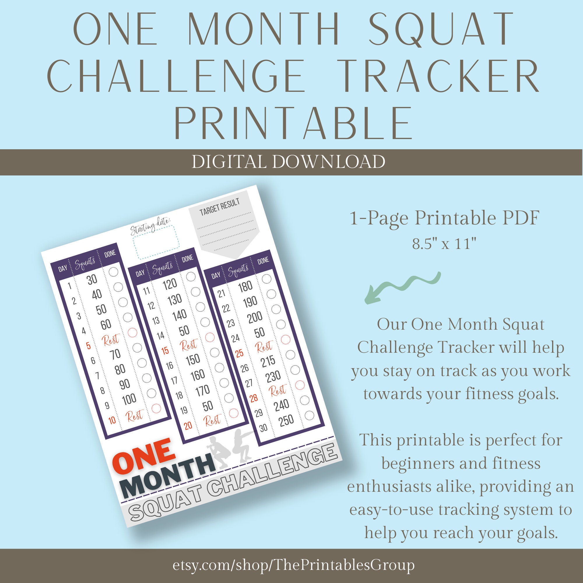 One Month Squat Challenge Printable, Fitness Tracker, Squat Exercise ...