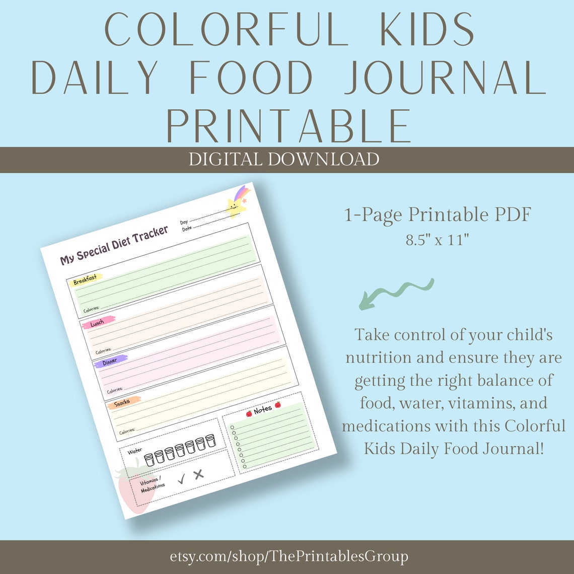 Kids Daily Food Journal Printable | Healthy Eating Tracker for Kids ...
