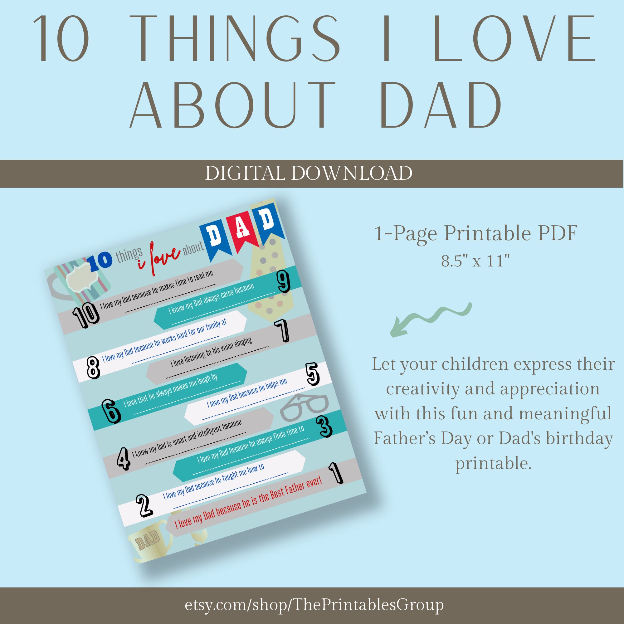 10 Things I Love About Dad, Father's Day Printable, Things We Love ...