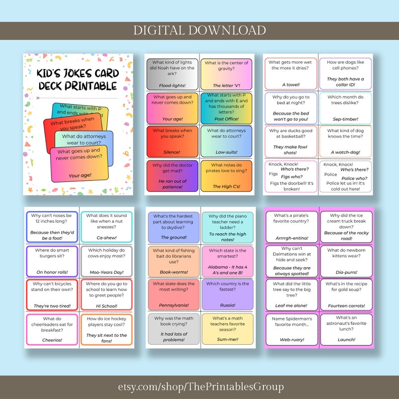 Kid’s Jokes Card Deck Printable, Funny Jokes for Kids, Kids’ Jokes ...