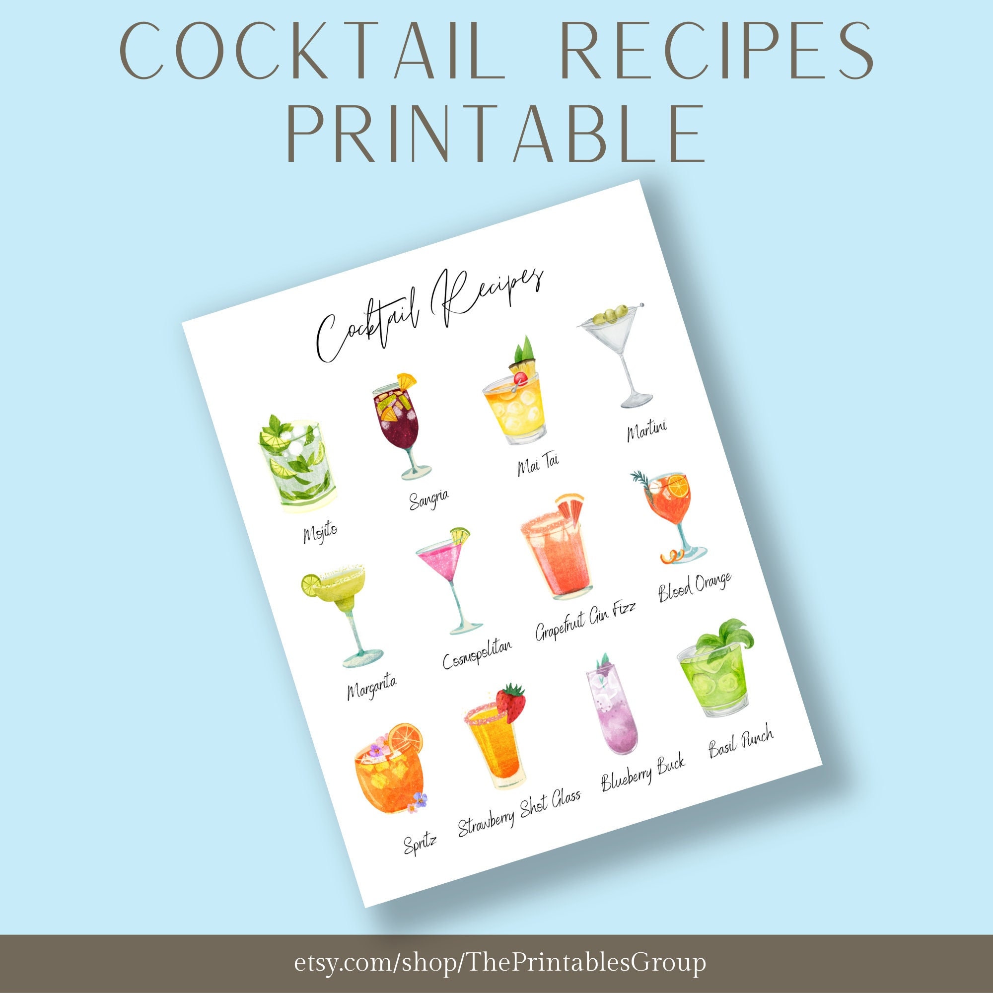 12 Cocktail Recipes Printable | How to Make Cocktails | Cocktail Recipe ...