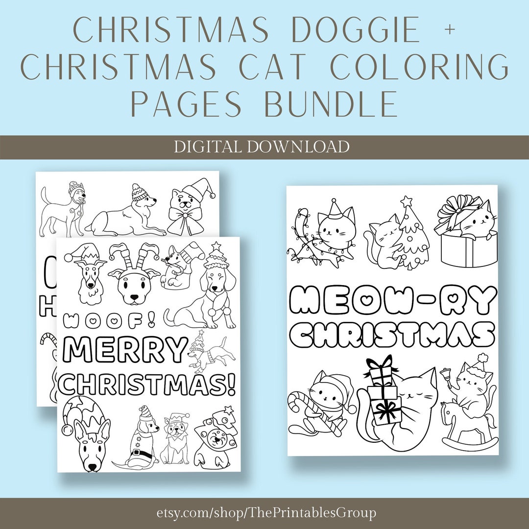 Christmas Cat and Doggies Coloring Pages Printable | Christmas-themed ...