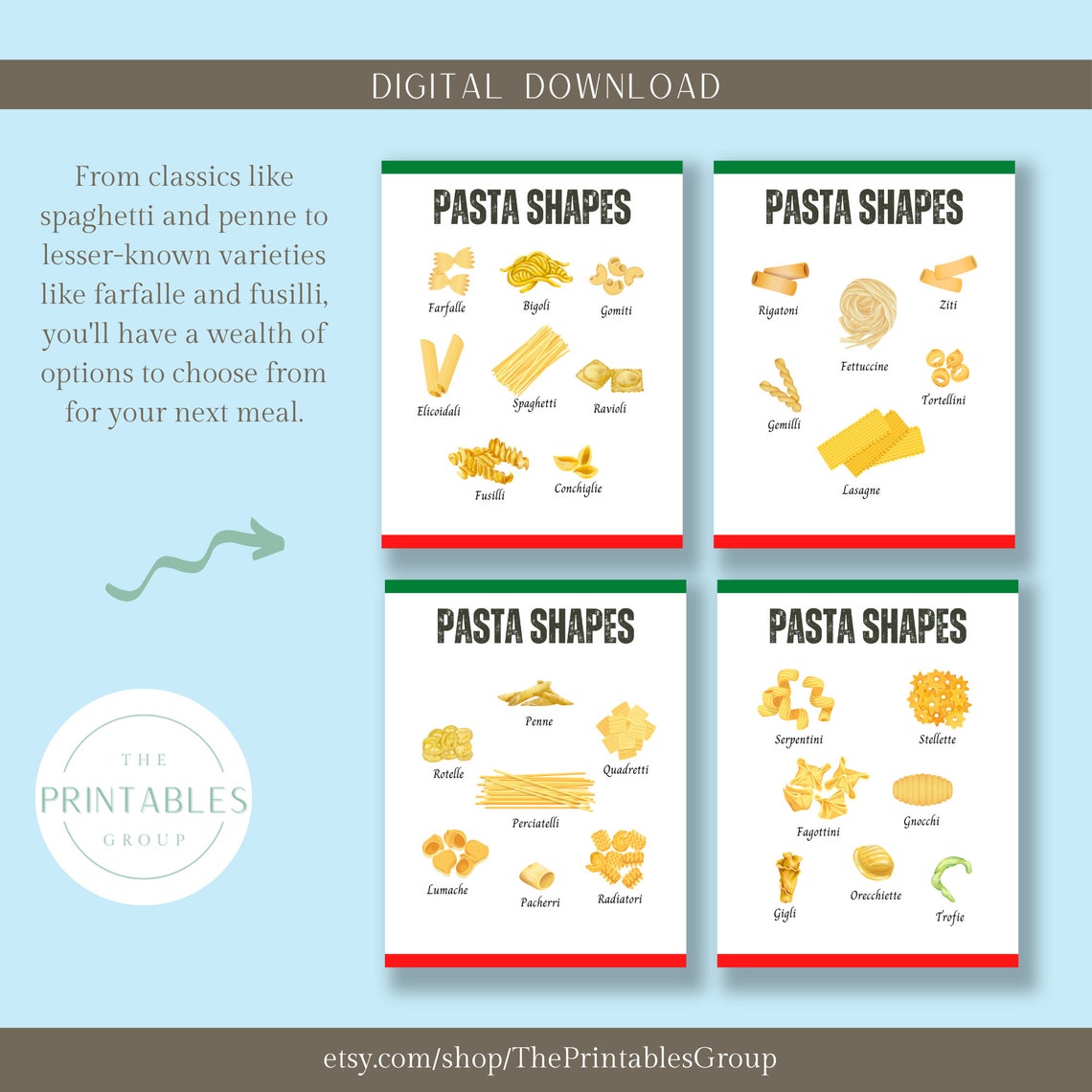 Pasta Shapes Printable | Italian Pasta Shapes Art Print | Pasta Shapes ...