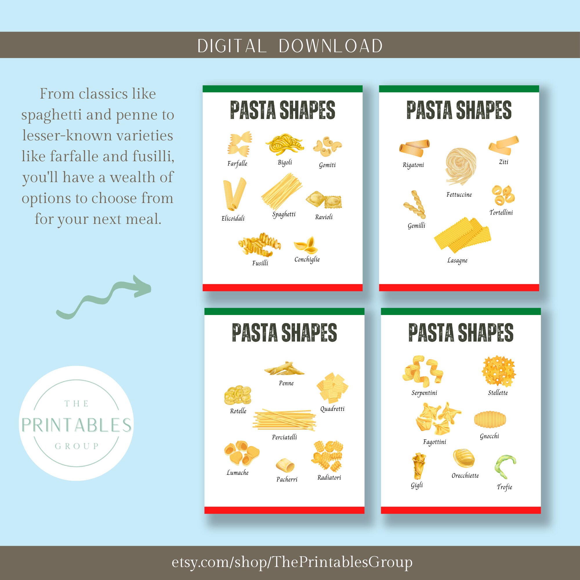 Pasta Shapes Printable | Italian Pasta Shapes Art Print | Pasta Shapes ...