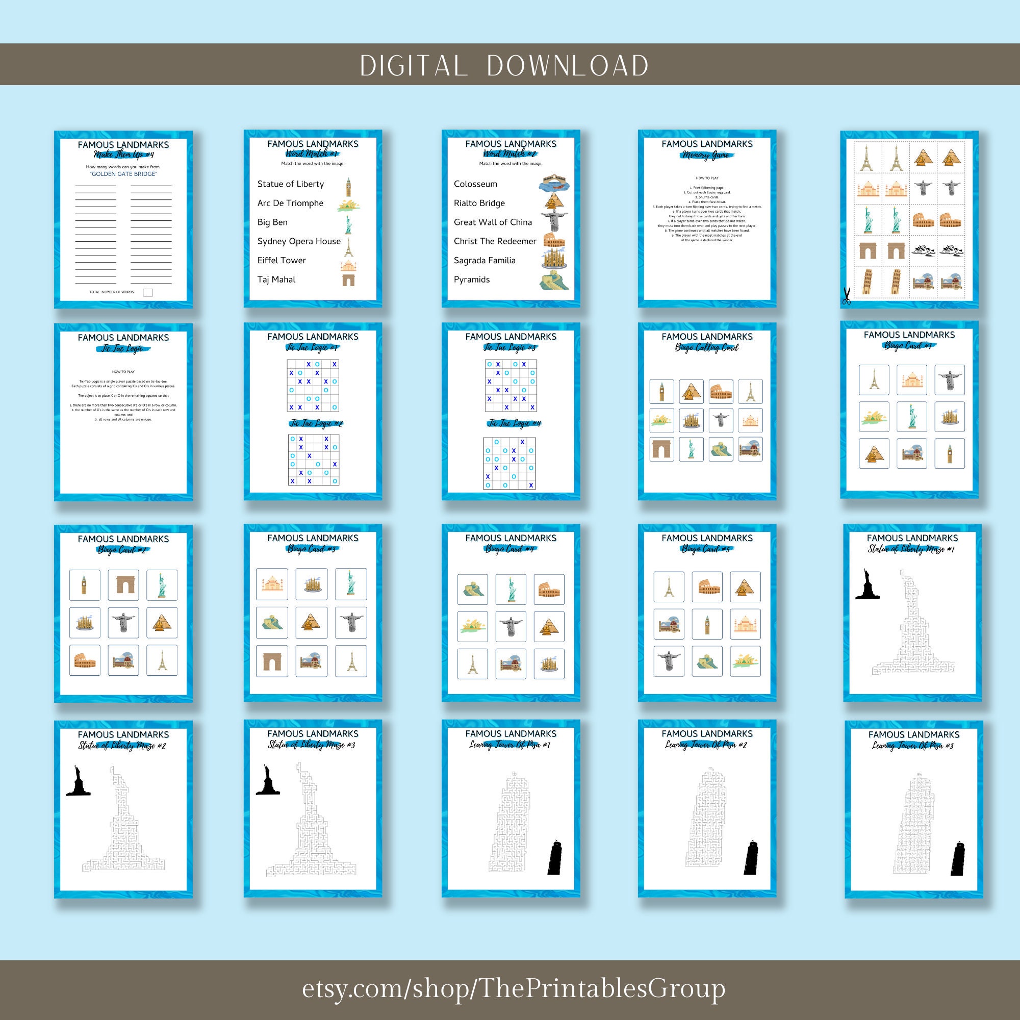 Famous World Landmarks Printable Game Bundle | Printable Maze | Word ...