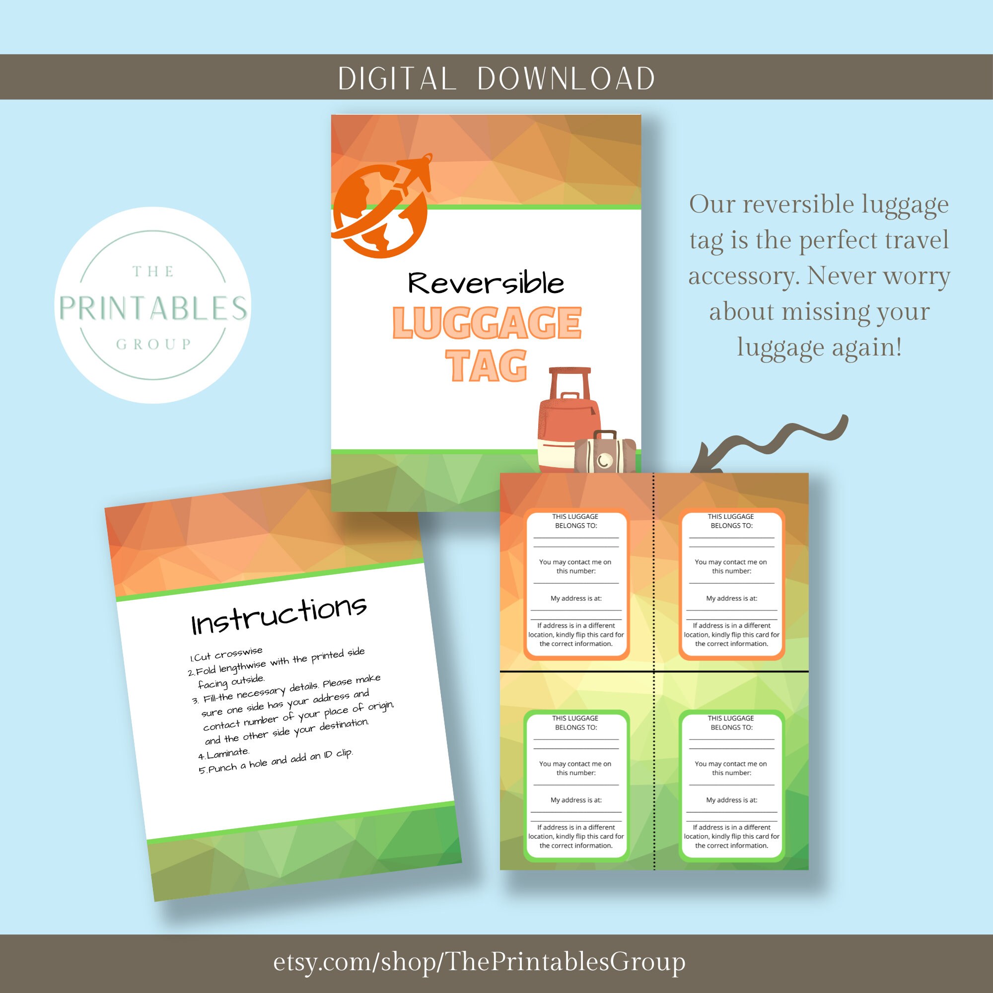Reversible Luggage Tags Printable | Two-sided Backpack Travel Bag Tags ...