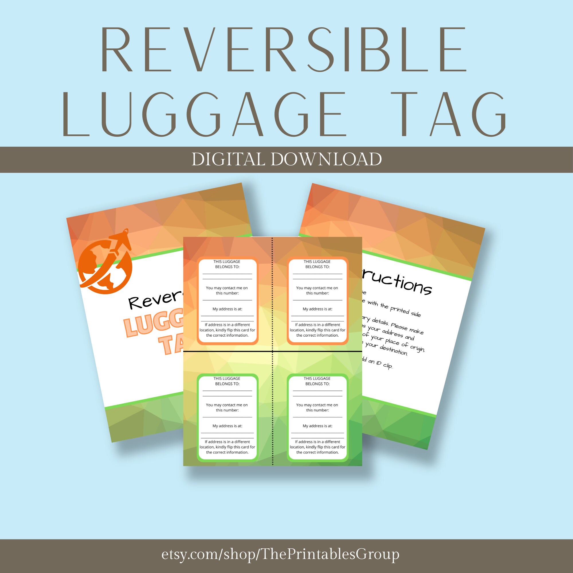 Reversible Luggage Tags Printable | Two-sided Backpack Travel Bag Tags ...