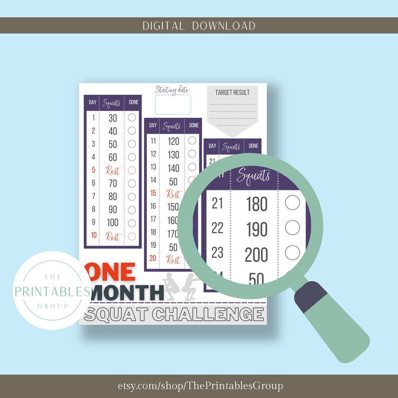 One Month Squat Challenge Printable, Fitness Tracker, Squat Exercise ...
