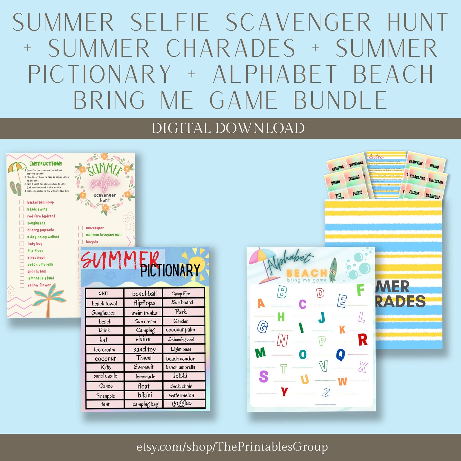 Summer Games Bundle | Summer Selfie Scavenger Hunt, Summer Charades ...