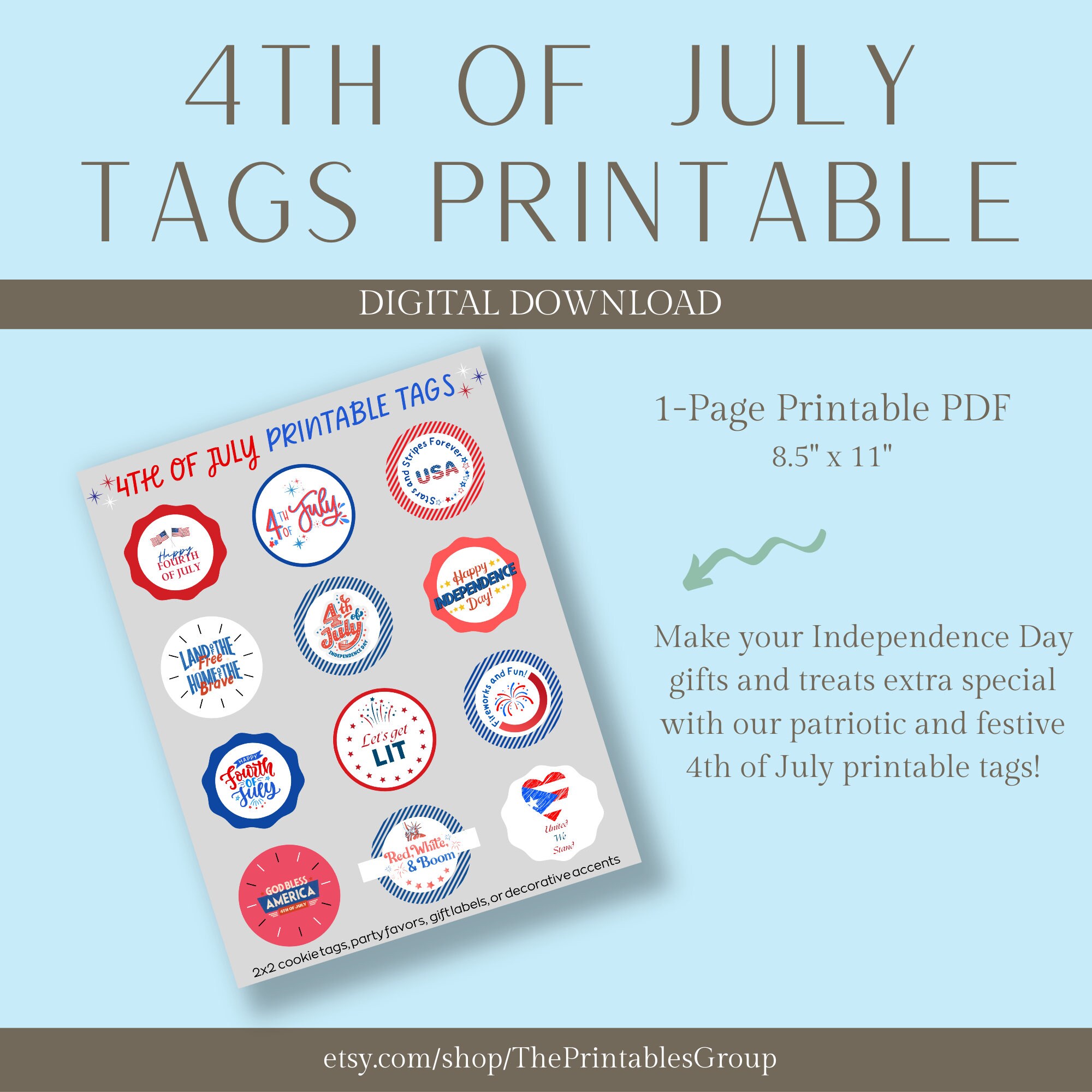 4th of July Tags Printable Fourth of July Cookie Tags Patriotic Party ...