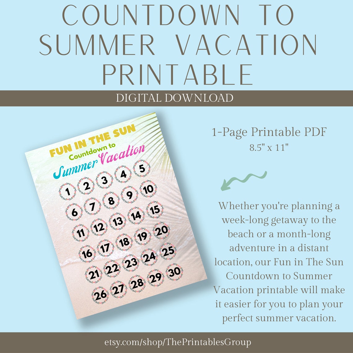 30 Days of Summer Countdown Planner, Summer Fun Days Countdown Board ...