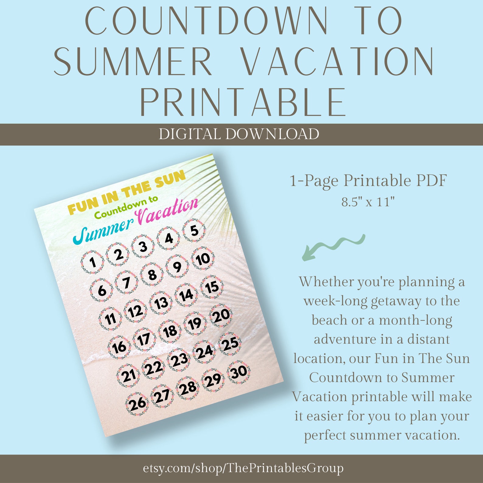 30 Days of Summer Countdown Planner, Summer Fun Days Countdown Board ...