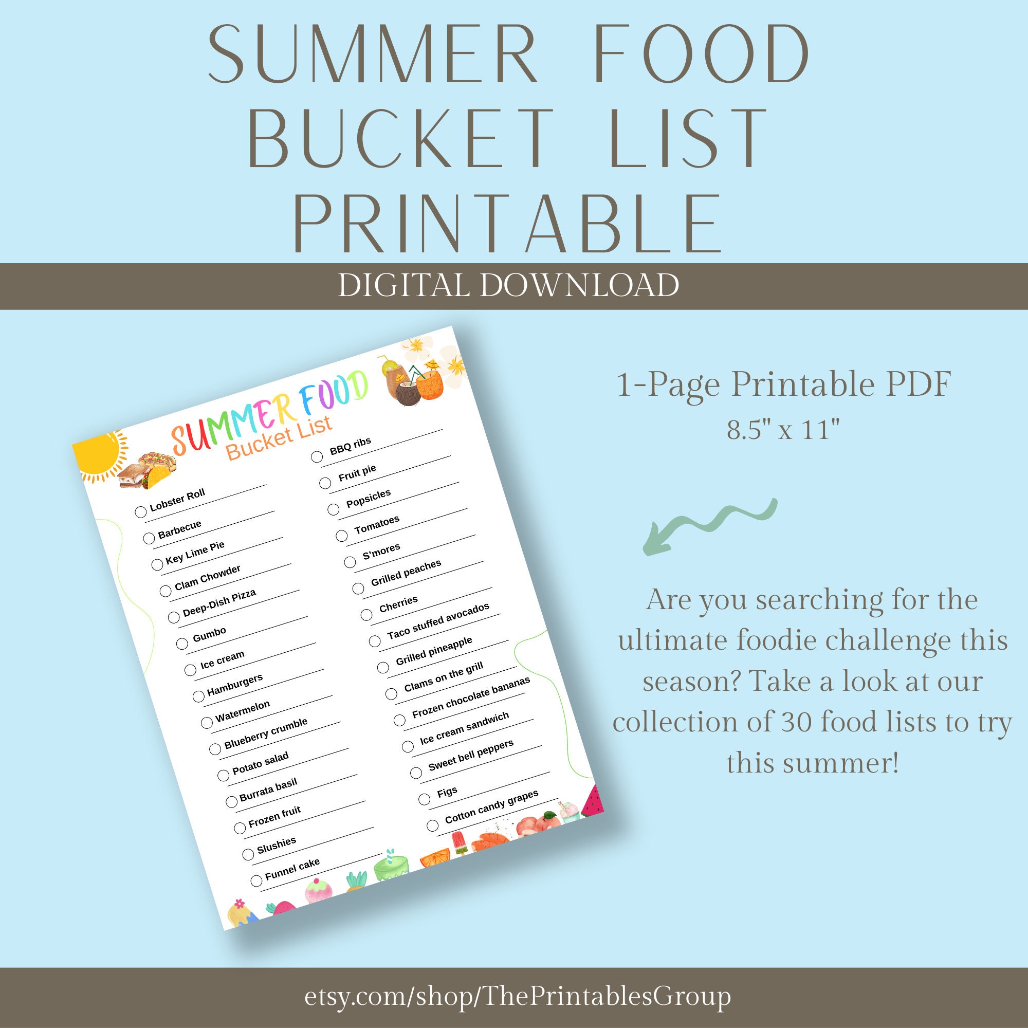 Summer Food Bucket List Printable | Summer Eats | Foodie Checklist ...