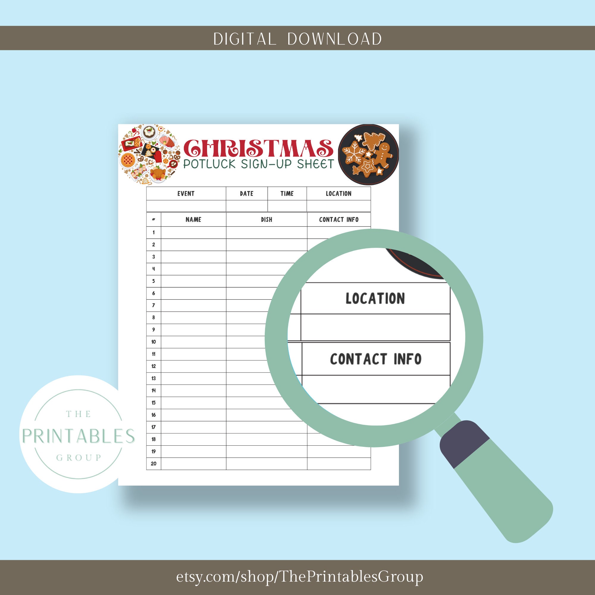 Christmas Potluck Sign up Sheet Printable | Potluck Registration ...