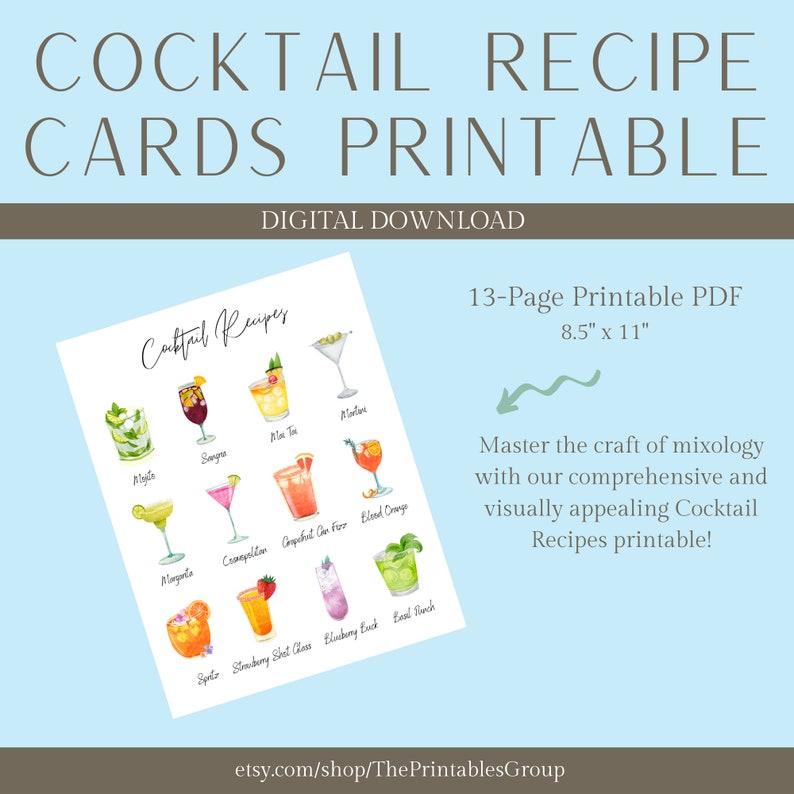12 Cocktail Recipes Printable | How to Make Cocktails | Cocktail Recipe ...