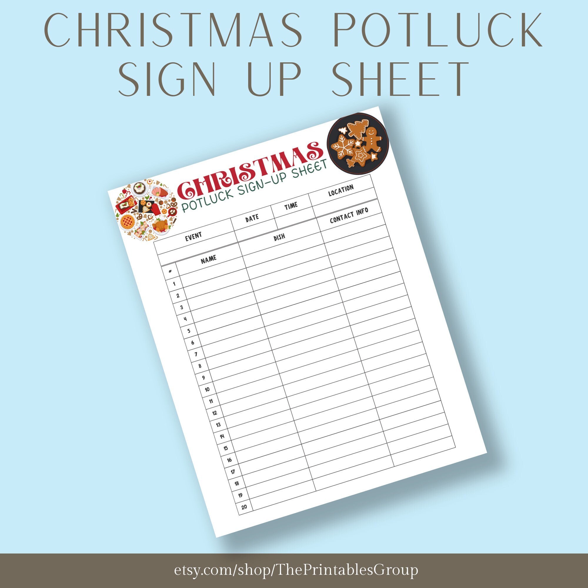 Christmas Potluck Sign up Sheet Printable | Potluck Registration ...