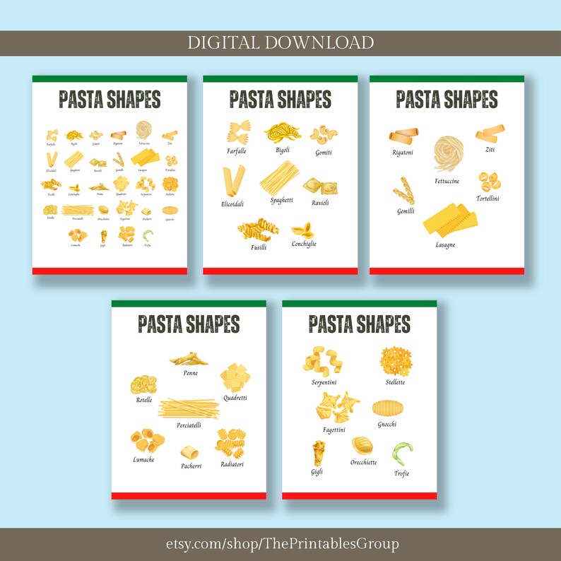 Pasta Shapes Printable | Italian Pasta Shapes Art Print | Pasta Shapes ...