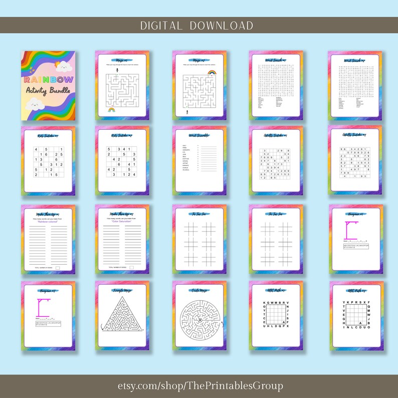 Rainbow Themed Activity Bundle Printable | 15 Fun Puzzles & Games ...