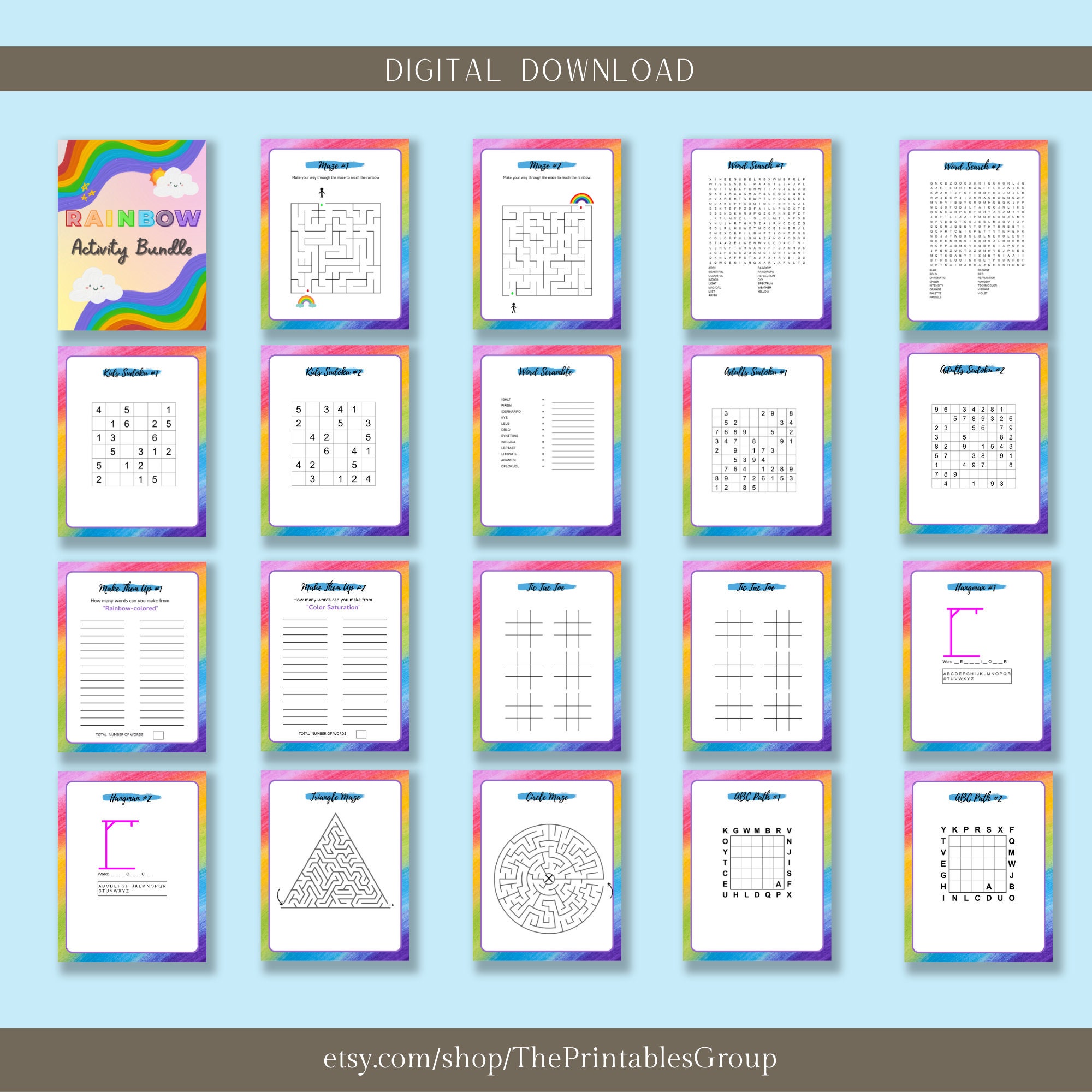 Rainbow Themed Activity Bundle Printable | 15 Fun Puzzles & Games ...