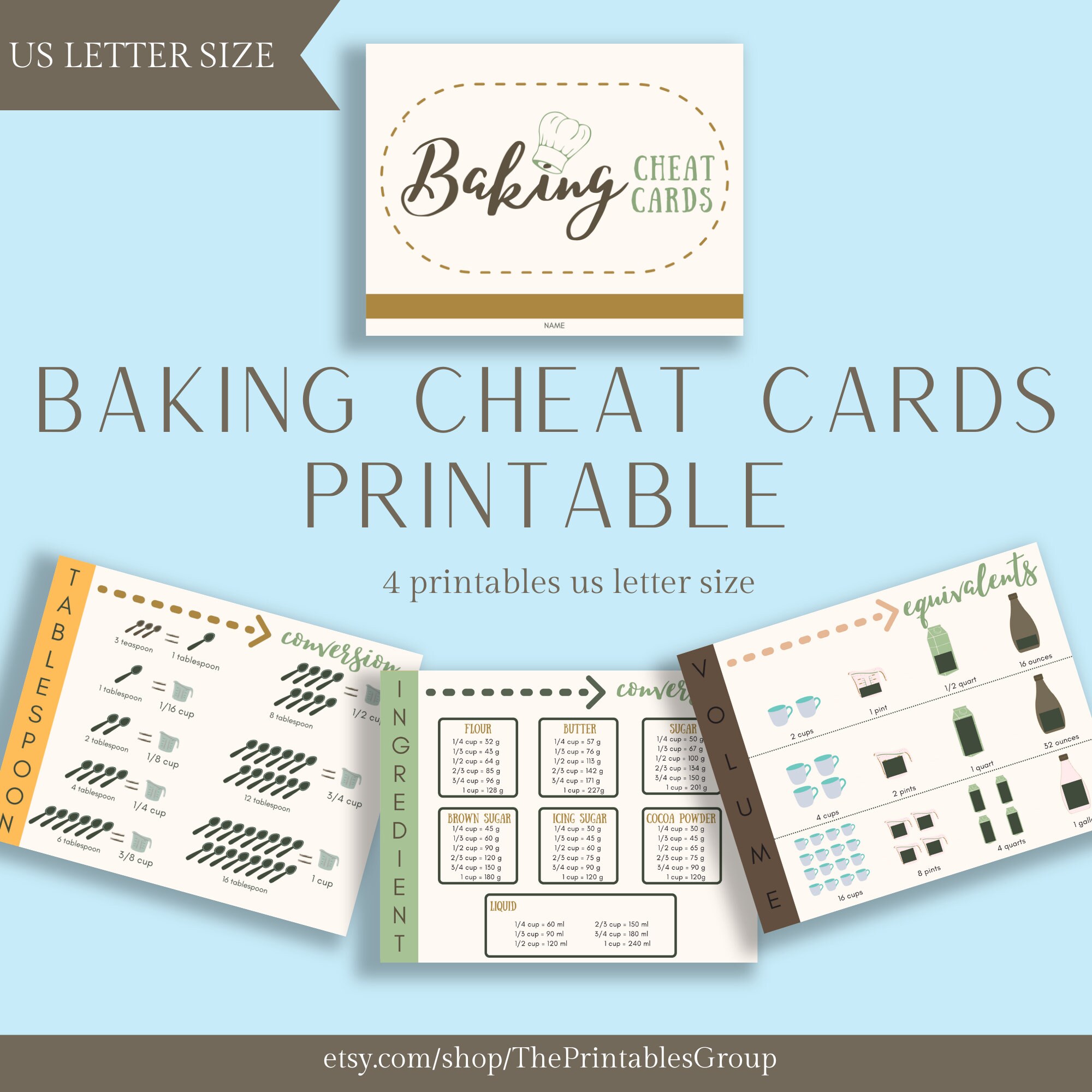 Baking Cheat Cards Printable | Kitchen Measurement Conversion Cheat ...