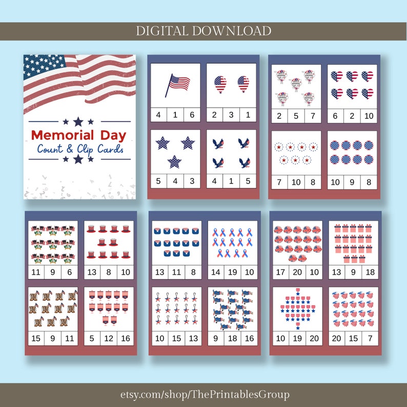 Memorial Day Count & Clip Cards Printable, Patriotic Games, Counting ...