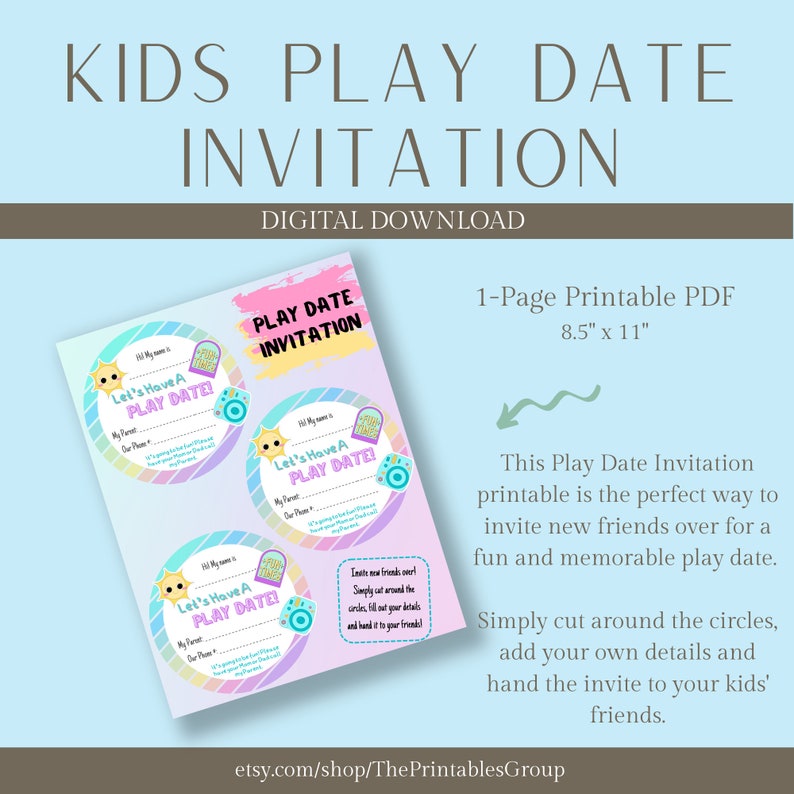 Play Date Invitation Printable | Rainbow Pastel Play Date Cards | Kids ...