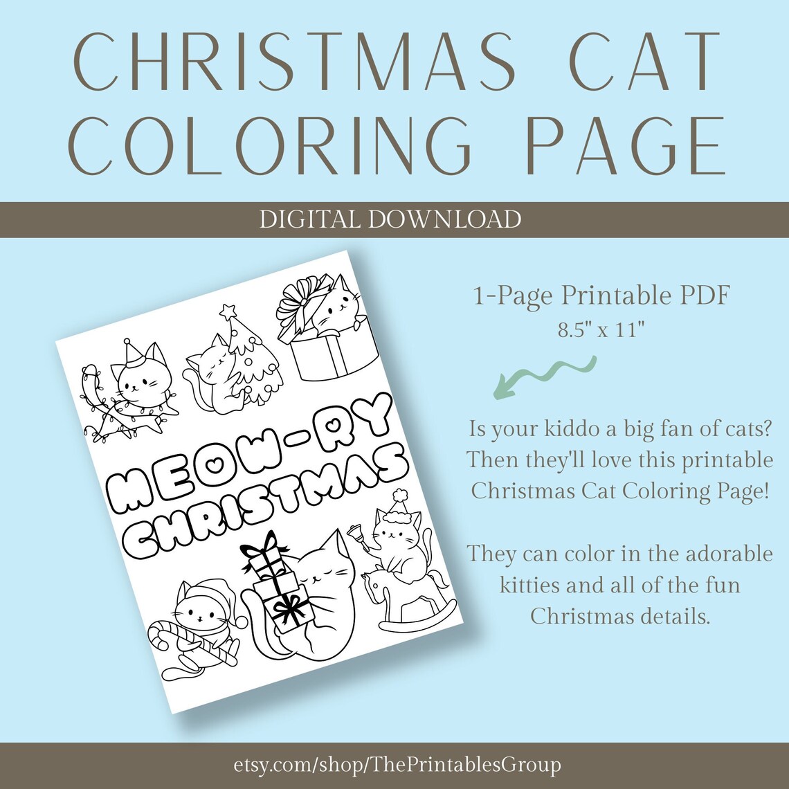 Christmas Cat Printable Coloring Page Christmas-themed Kitty - Etsy