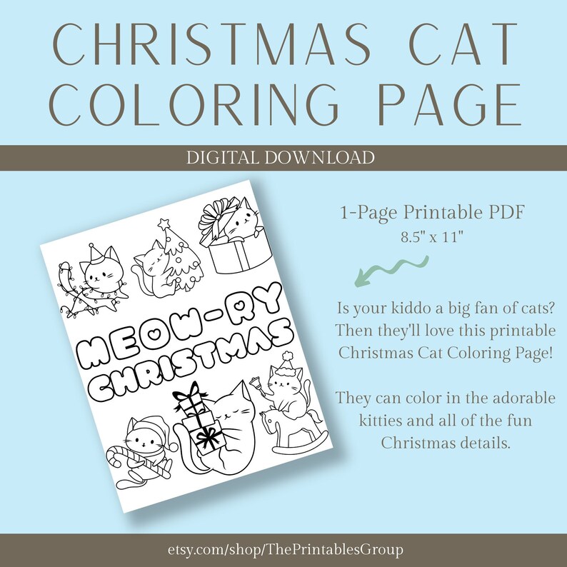 Christmas Cat Printable Coloring Page, Christmas Theme Coloring Busy ...