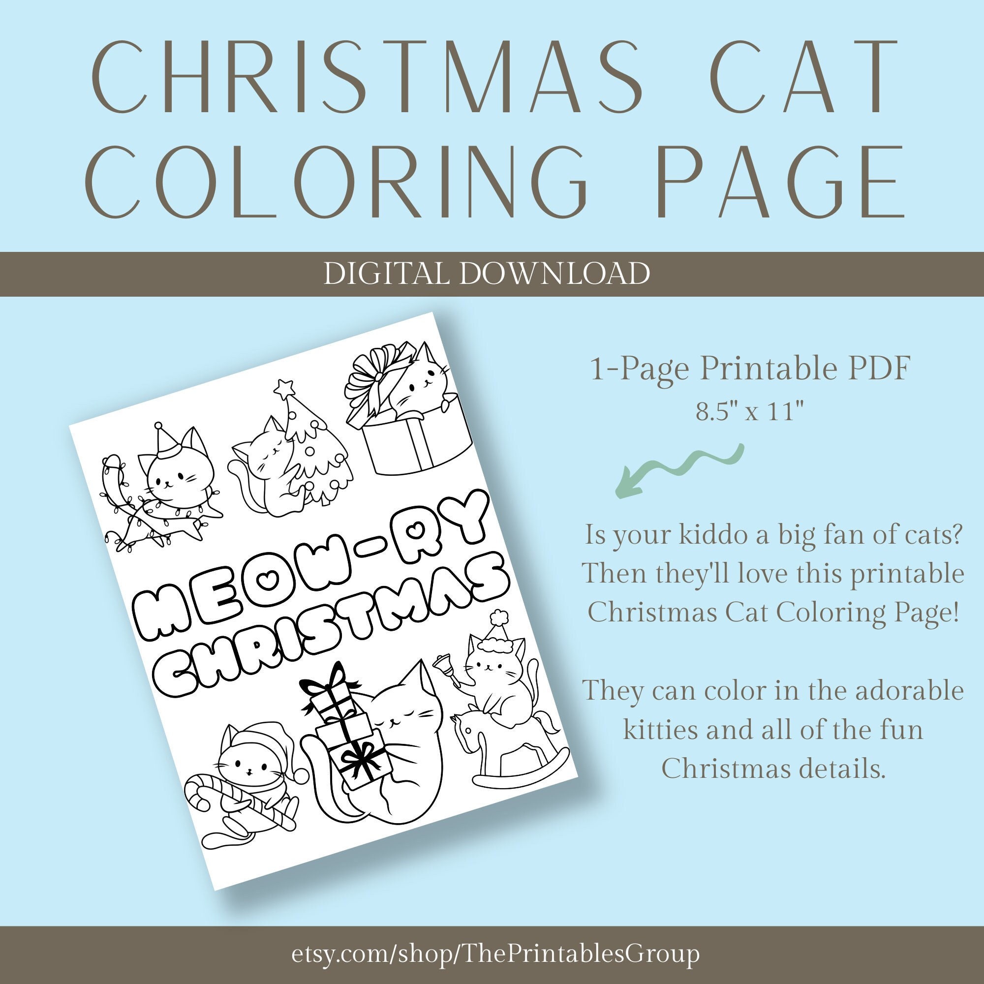 Christmas Cat Printable Coloring Page, Christmas Theme Coloring Busy ...