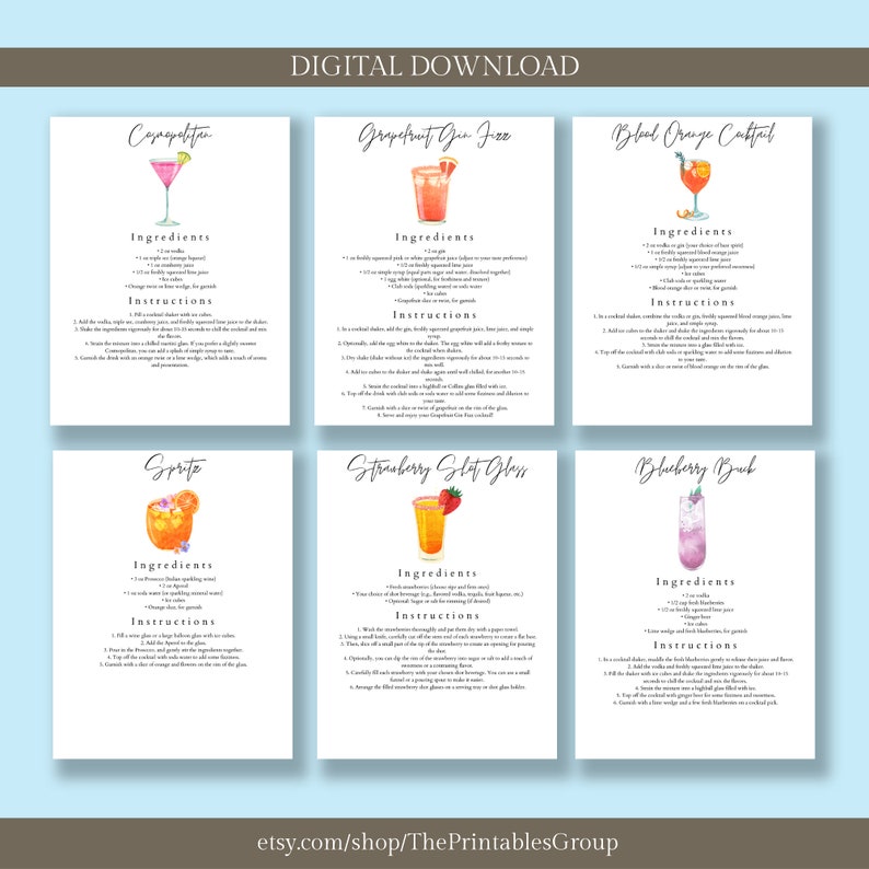 12 Cocktail Recipes Printable | How to Make Cocktails | Cocktail Recipe ...