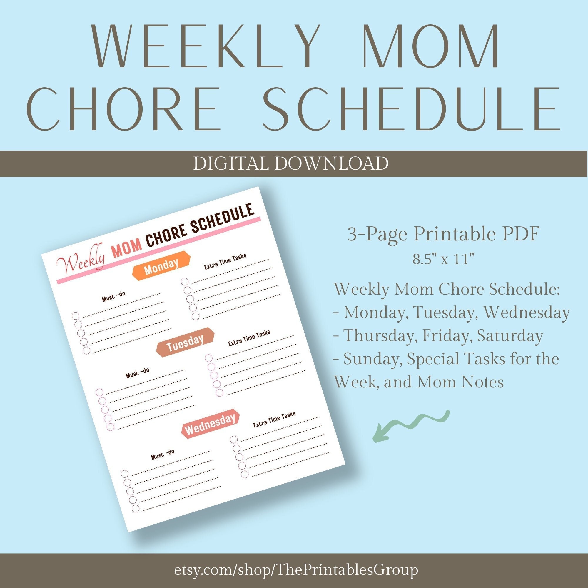 Weekly Mom Chore Schedule Printable, Daily and Weekly Planner for ...