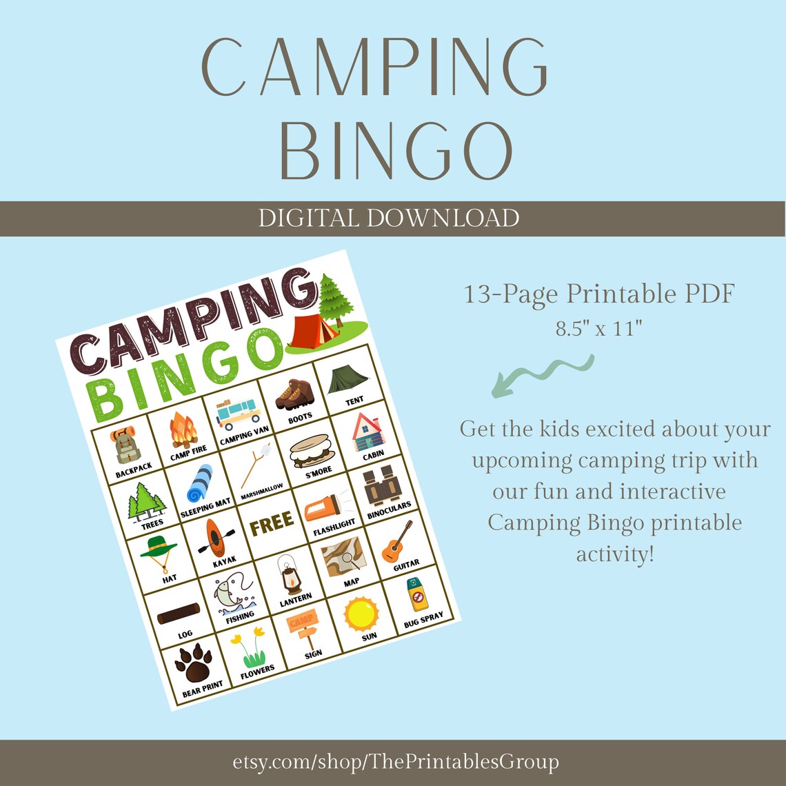 Camping Bingo Game Printable | Camping Trip Bingo | Camping Party Game ...