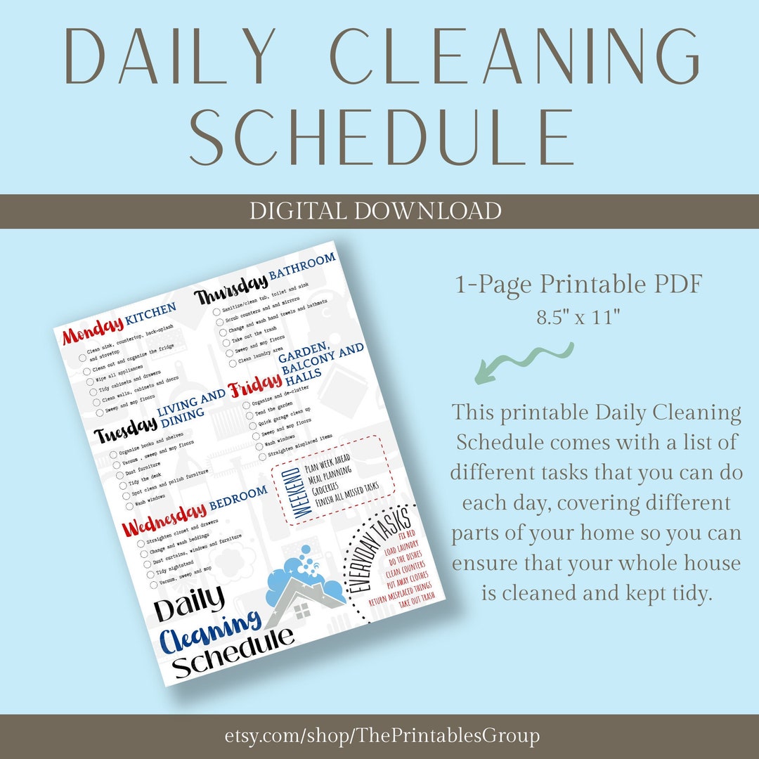 Daily Cleaning Schedule Printable, Cleaning Schedule Guide, Weekly ...