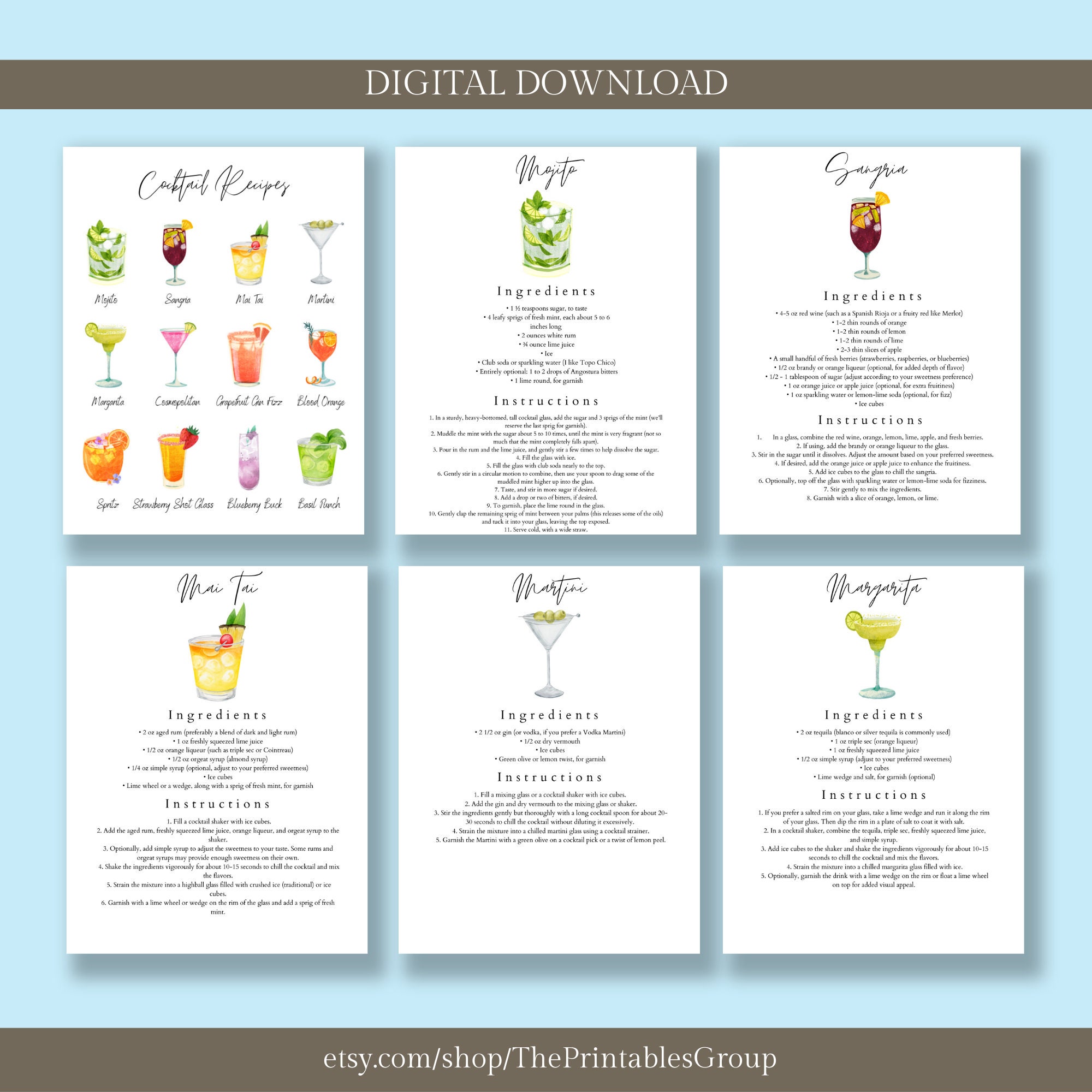 12 Cocktail Recipes Printable | How to Make Cocktails | Cocktail Recipe ...