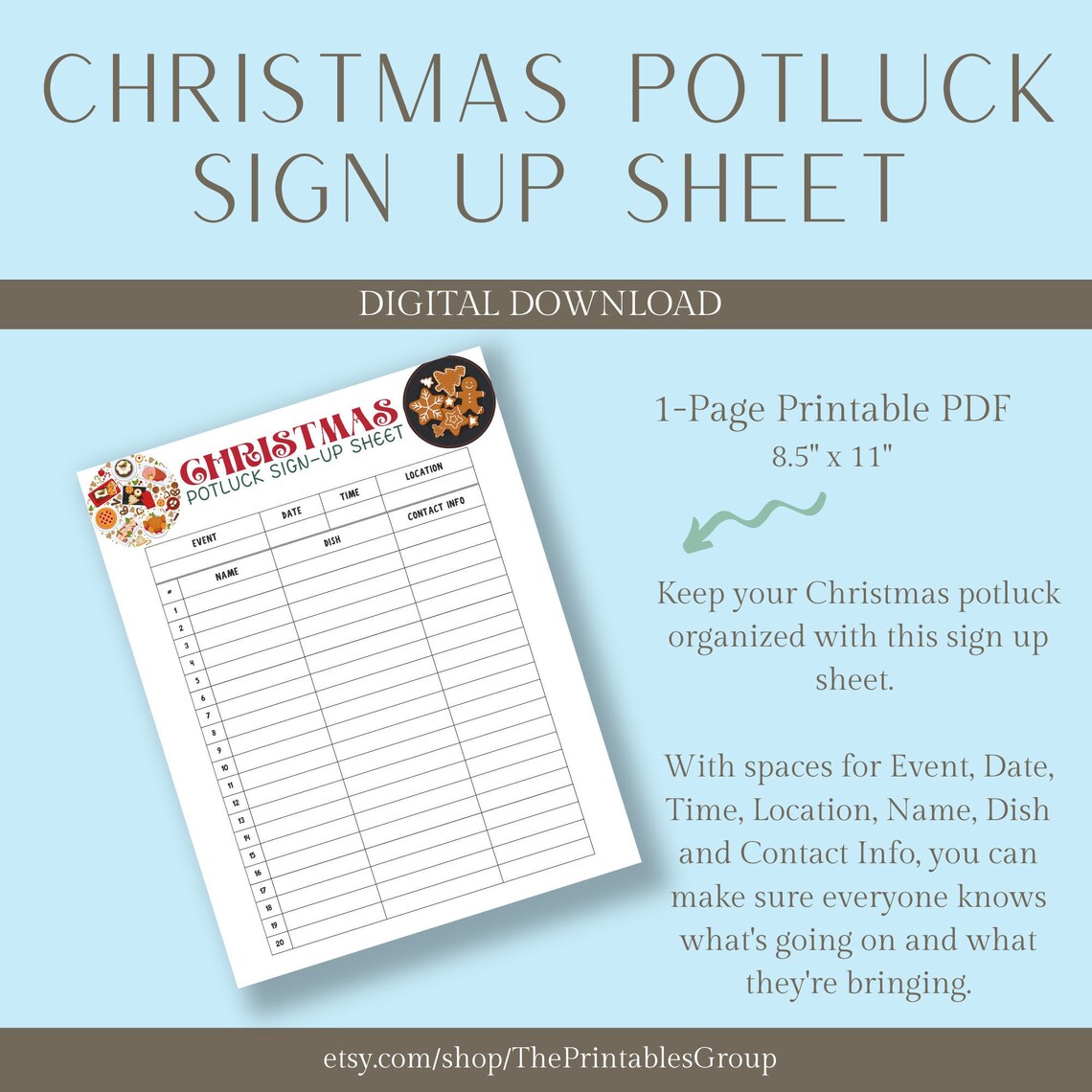 Christmas Potluck Sign up Sheet Printable | Potluck Registration ...