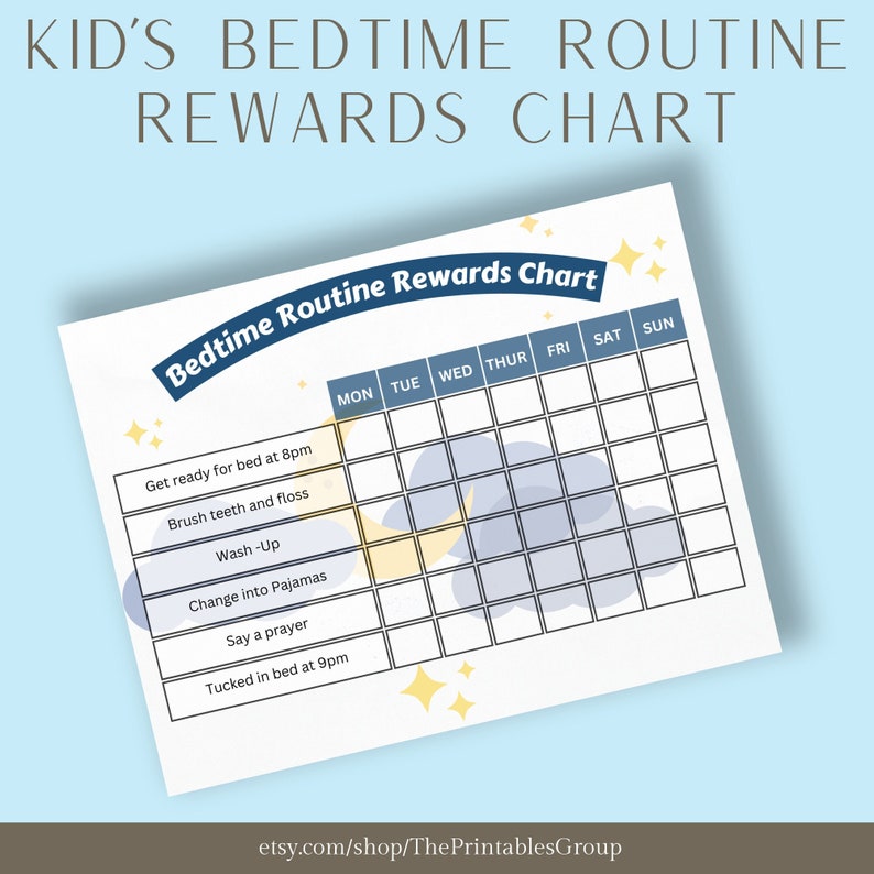 Kid's Bedtime Routine Rewards Chart Printable | Evening Schedule ...