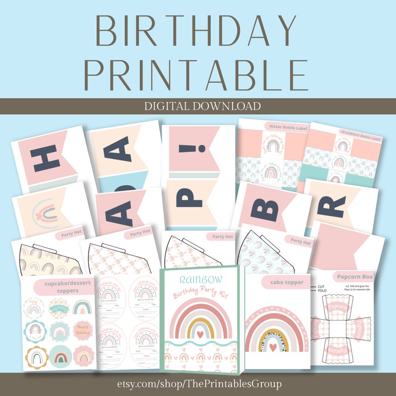 Rainbow Birthday Party Kit Printable Pastel Rainbow Party Pack Bundle ...