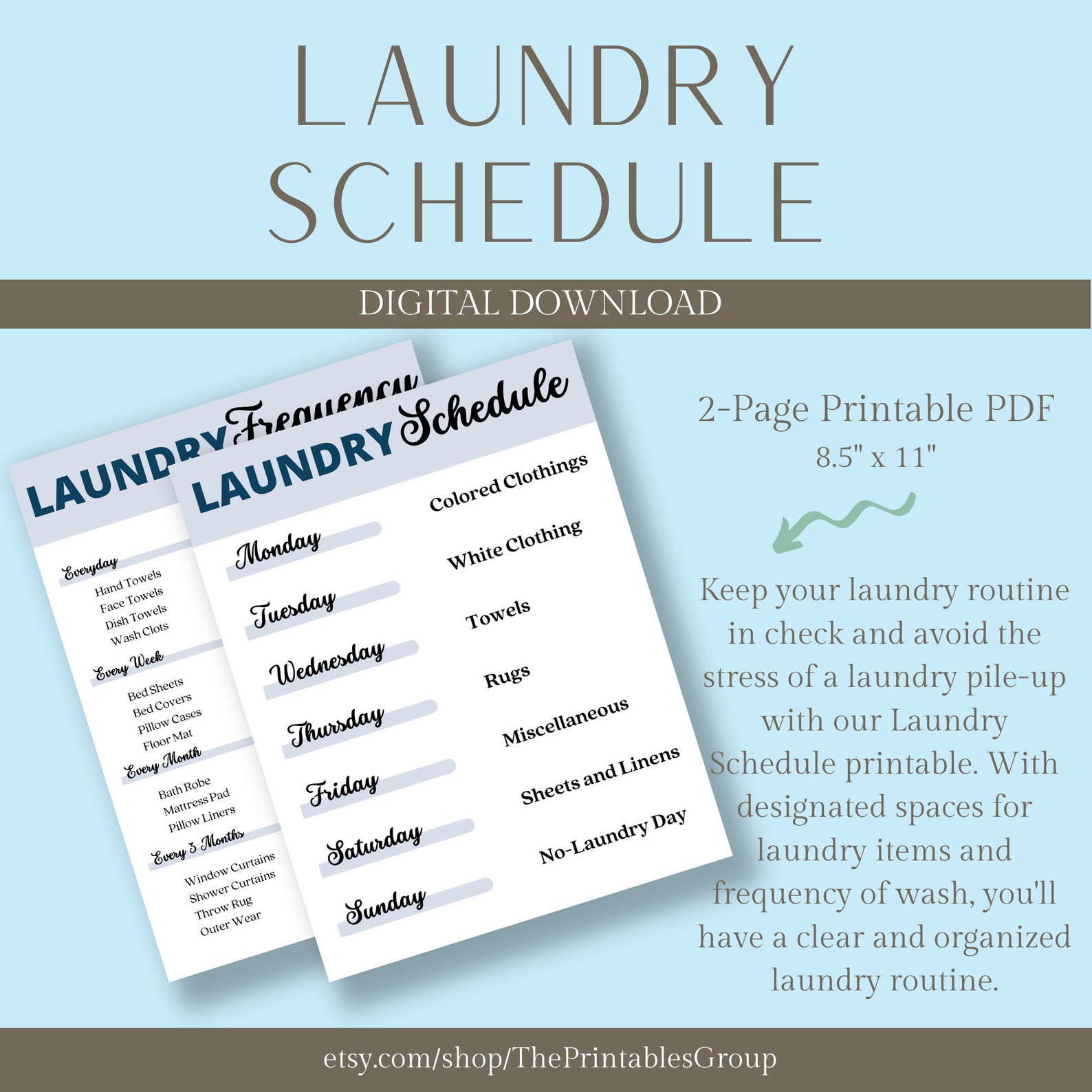Laundry Schedule Printable | Weekly Laundry Guide | Laundry Frequency ...