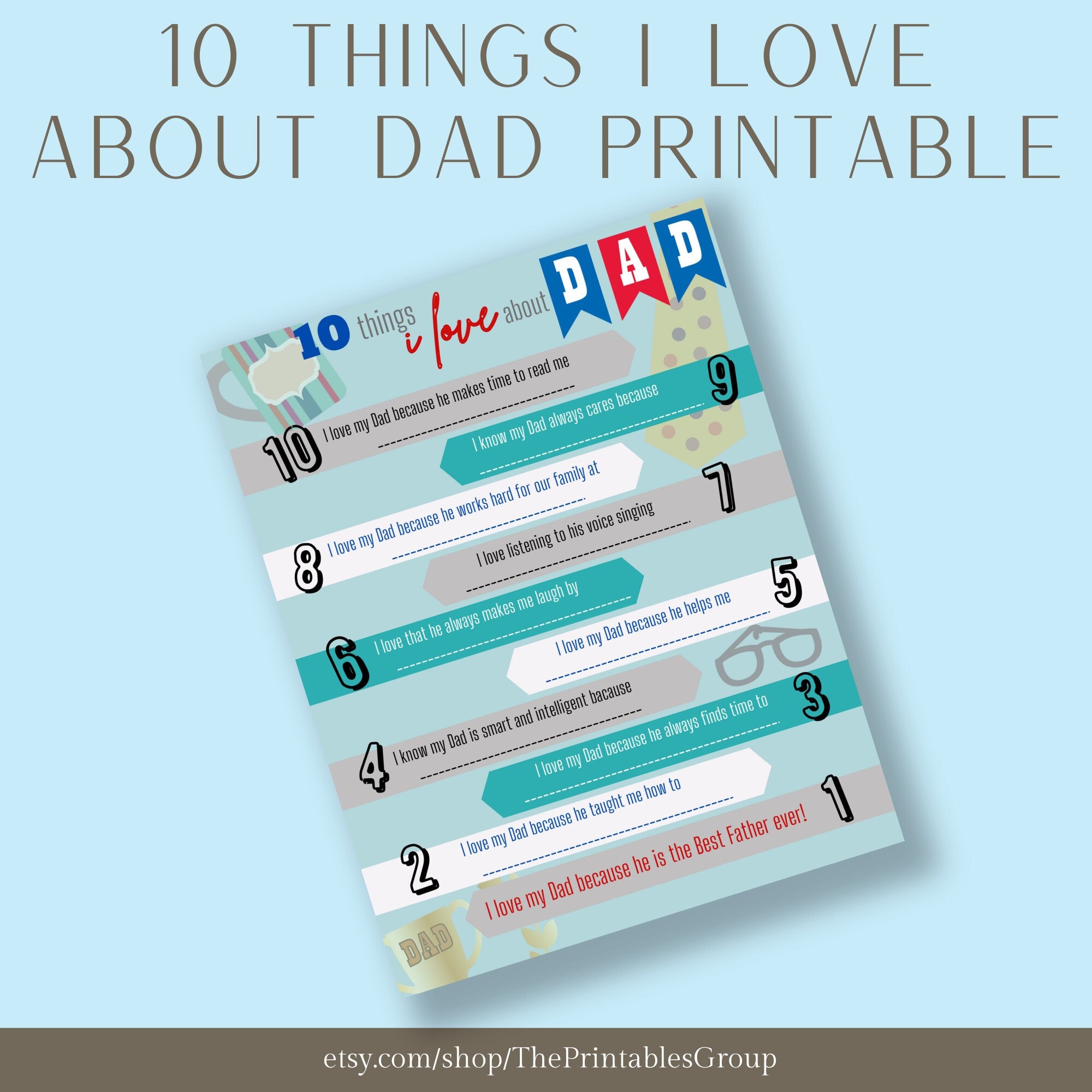 10 Things I Love About Dad, Father's Day Printable, Things We Love ...