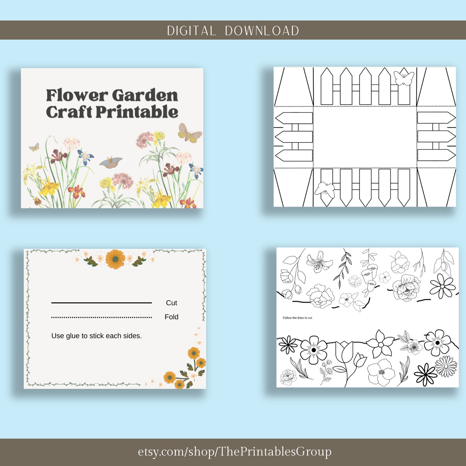 Flower Garden Craft Printable | Flowers, Pots and Fence Coloring Pages ...