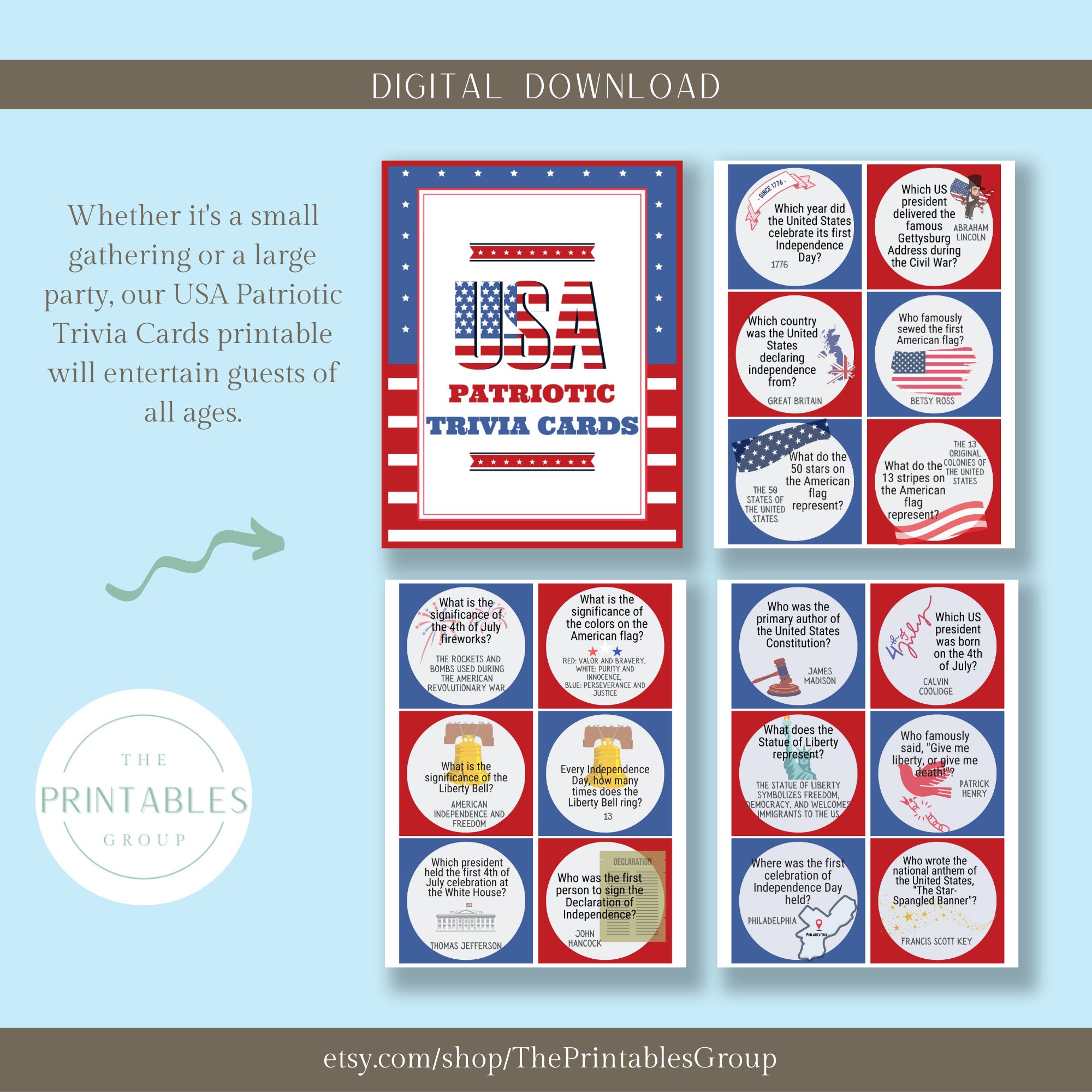 USA Patriotic Trivia Cards | Printable Independence Day Game | 4th of ...
