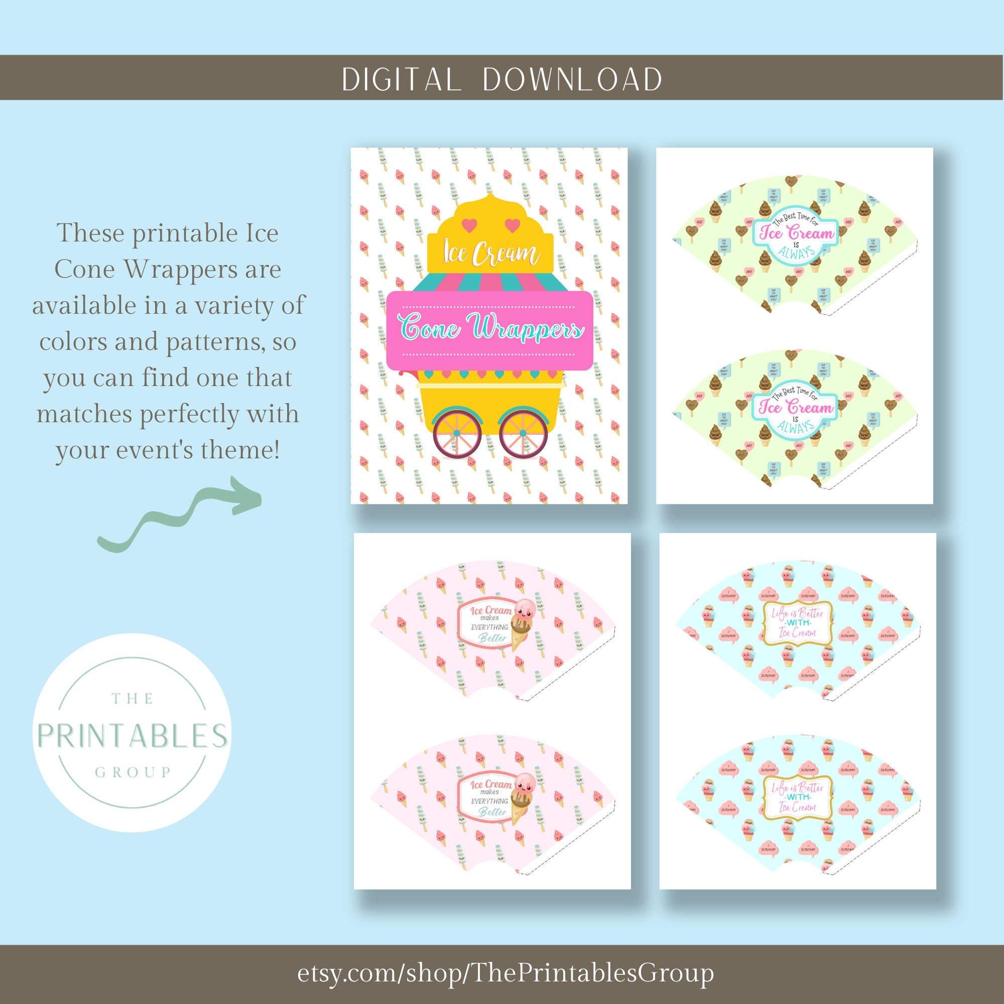 Ice Cream Cone Wrappers Printable, Ice Cream Cone Wrapping Paper, Ice ...
