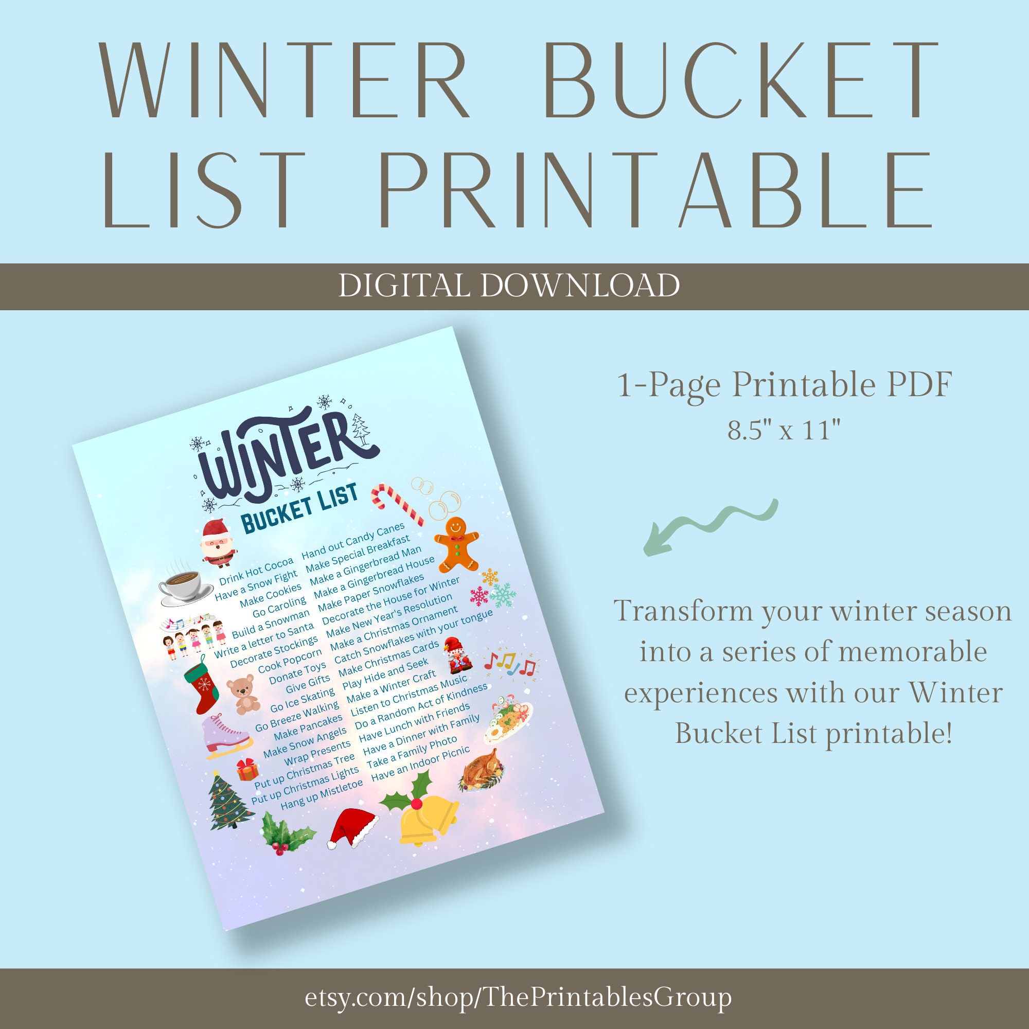 Winter Bucket List Printable | Christmas Bucket List | Winter List of ...